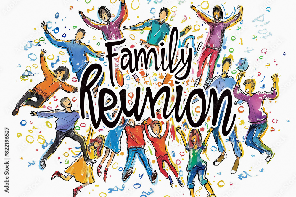 The word "Family Reunion" clipart. White background, central focus ...
