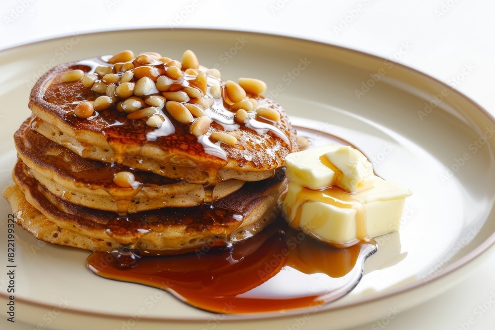Atole Pinon Hotcakes Stack with Whipped Butter and Maple Syrup Stock ...