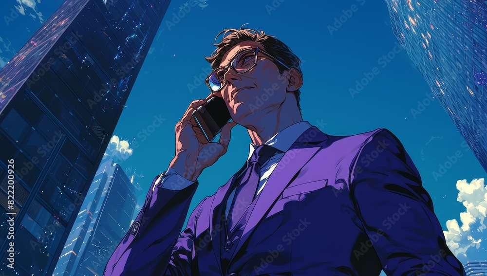 comic book style of an elegant man with brown hair and glasses wearing ...