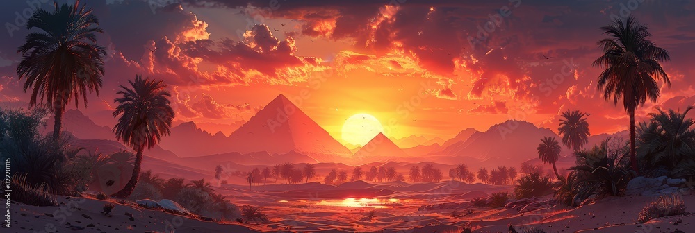 concept art of the pyramids in egypt, desert with palm trees and ...