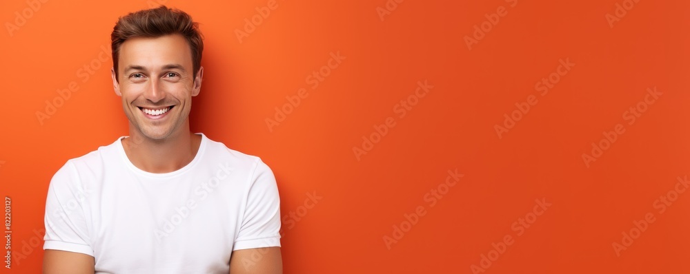 Coral background Happy european white man realistic person portrait of ...