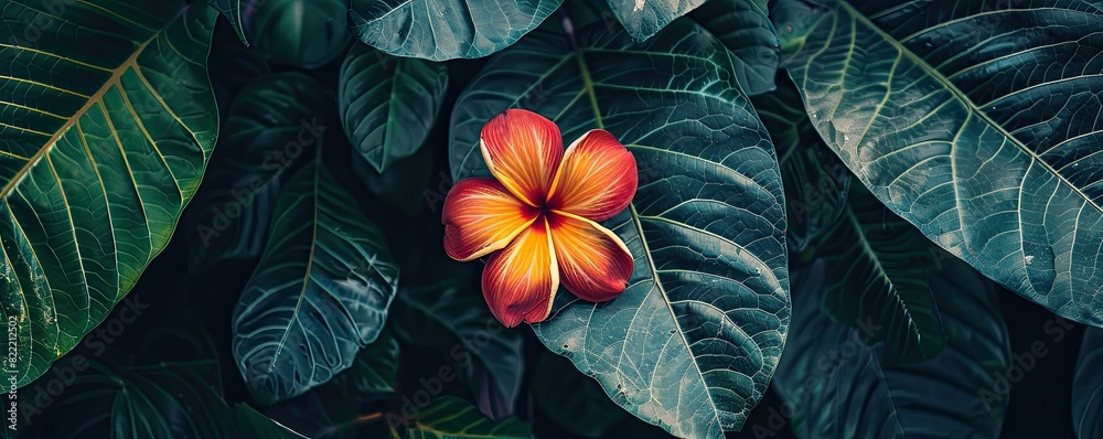 Vibrant tropical flowers in vivid colors stand out against the deep ...
