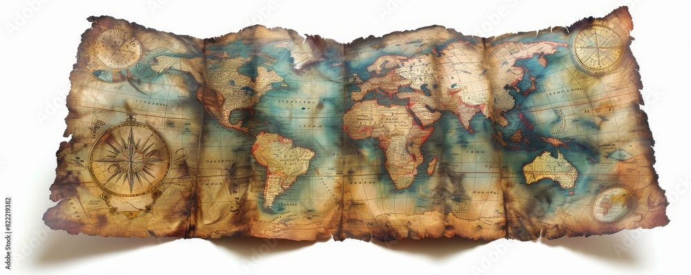 Vintage world map with burnt edges, showcasing antique cartographic ...
