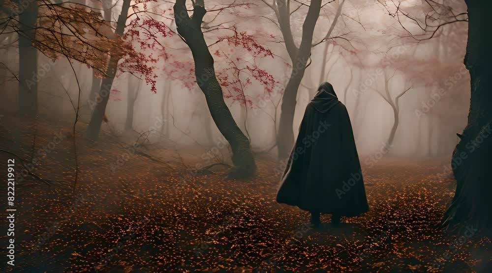A scary, lonely vampire in a foggy forest at night, with glowing red ...
