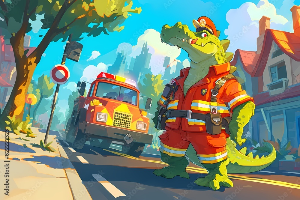 cartoon illustration, a firefighter crocodile Stock Illustration ...