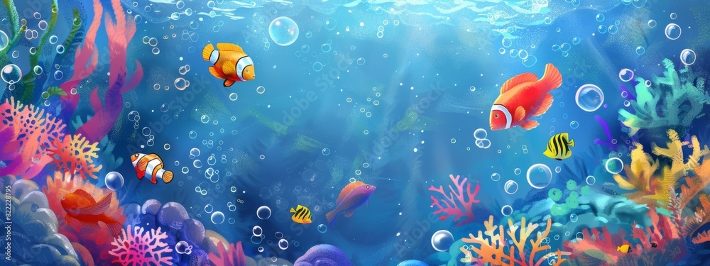 A whimsical, under-the-sea background with colorful fish, coral, and ...