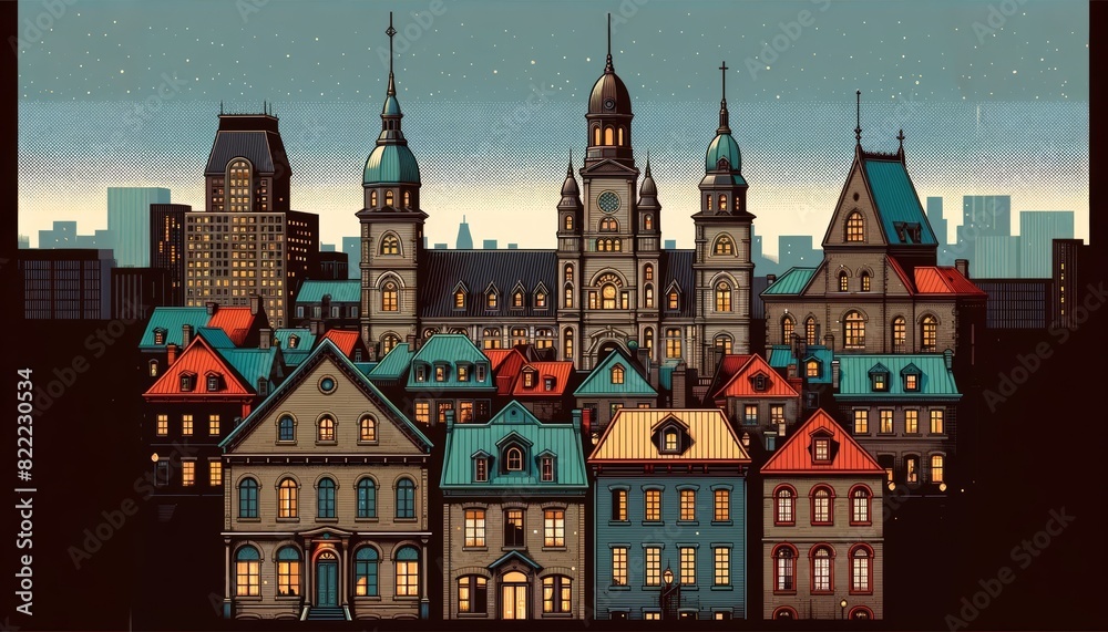 Montreal cityscape with traditional houses, roofs, churches, bell ...