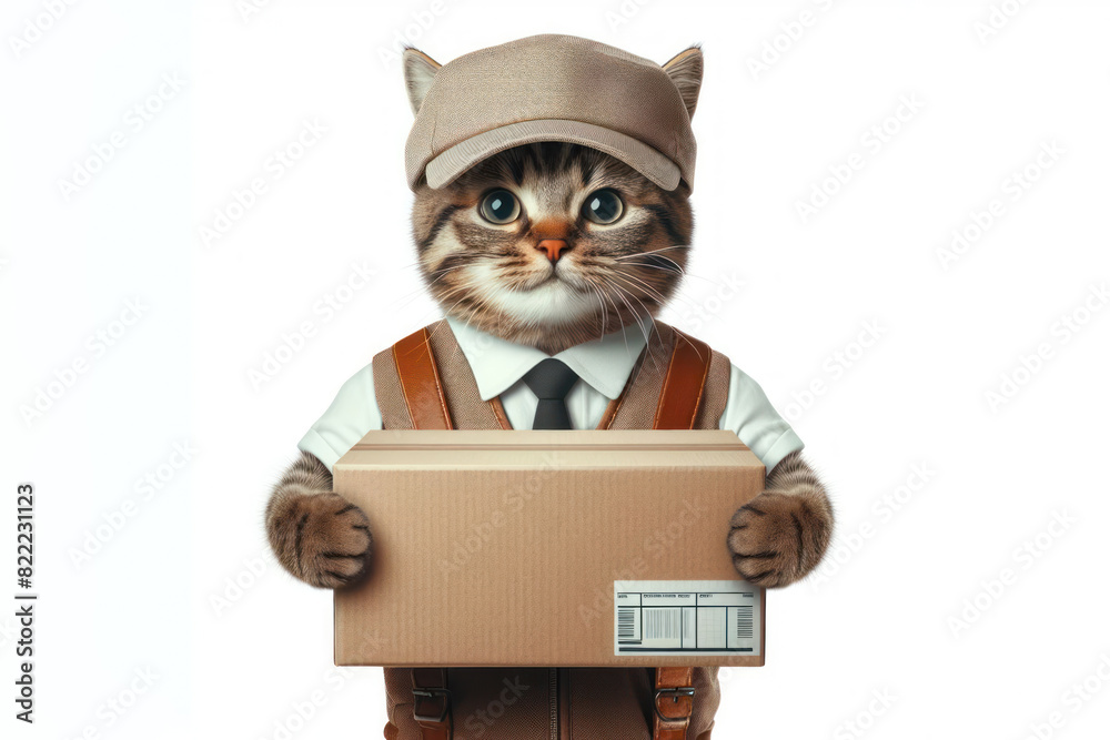 cat in a cap delivers a parcel hold a box on a white background ...