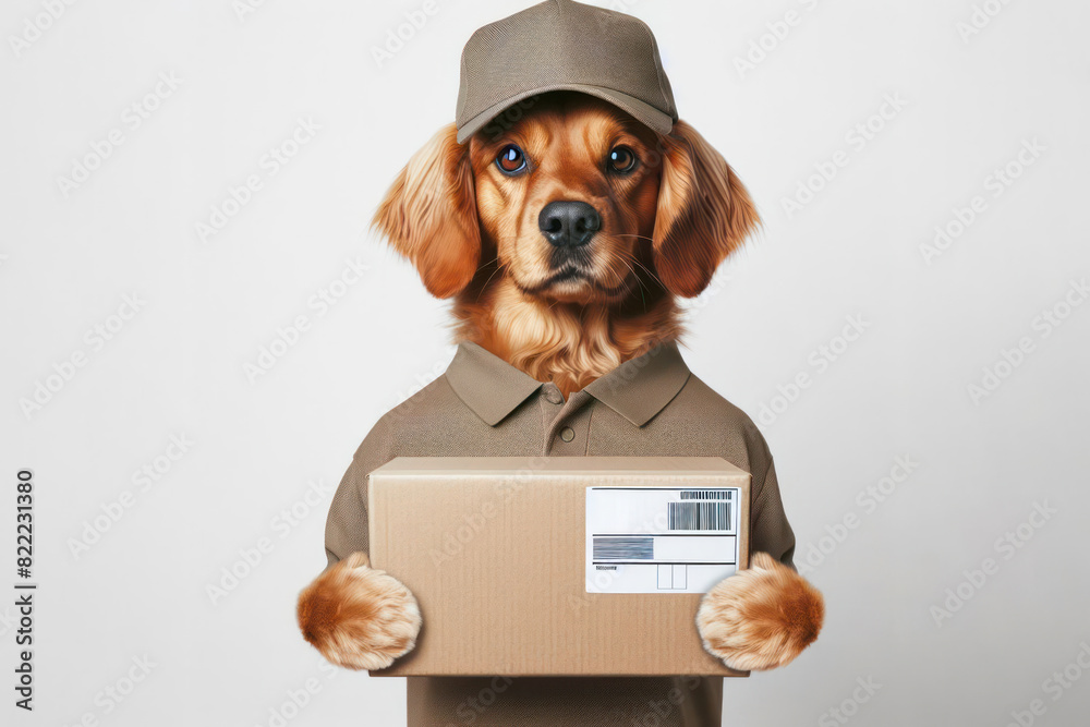 dog in a cap delivers a parcel hold a box on a white background ...