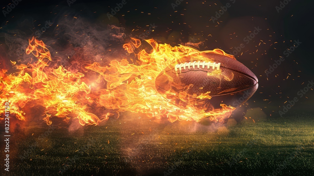 An intense photorealistic scene of an American football ball blazing ...