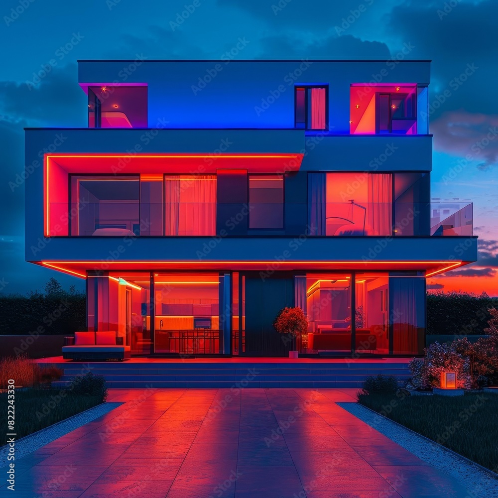 house with security lights side view nighttime safety futuristic tone ...