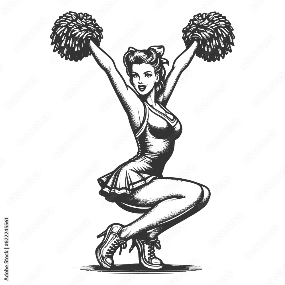 cheerleader in classic pin-up pose with pom-poms and a playful expression sketch engraving ...