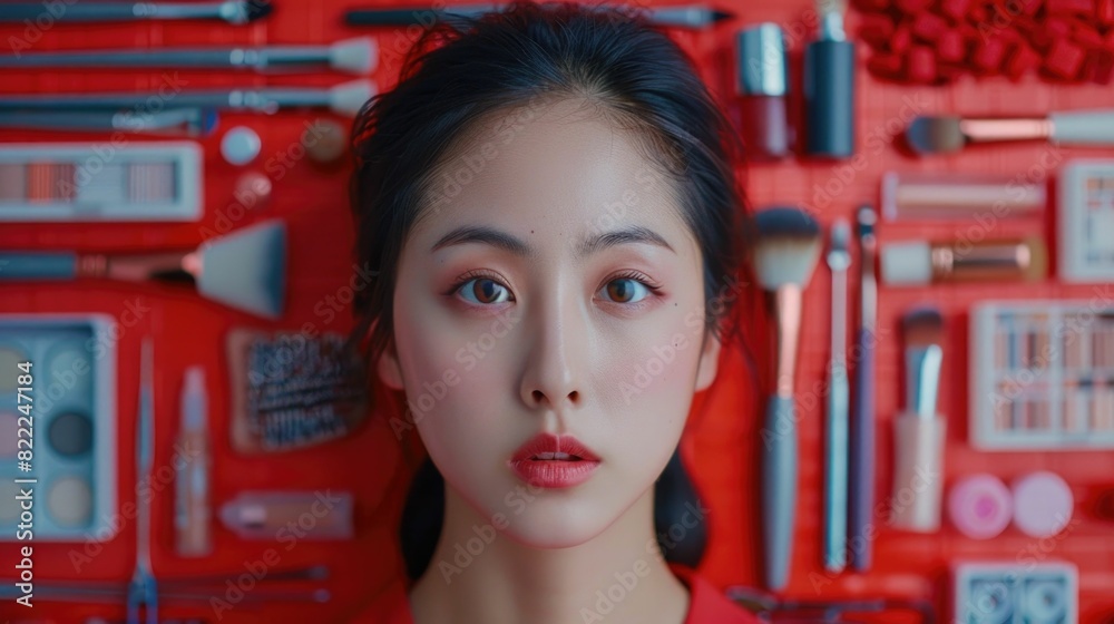Elegant Korean Woman Showcases Beauty Tools and Cosmetics in Precision ...