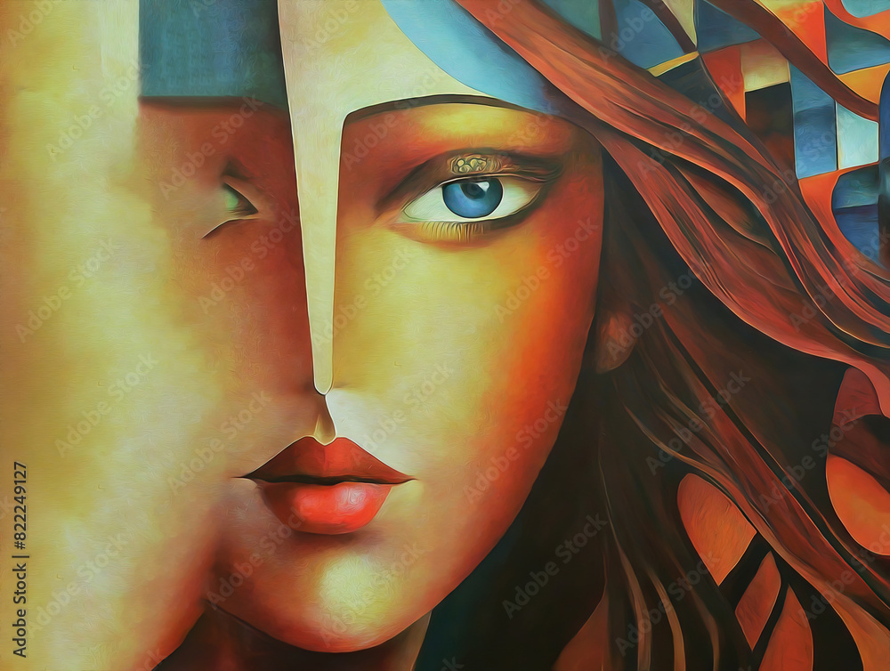 Frontal partial portrait of a young woman with a blue eye, red lips ...