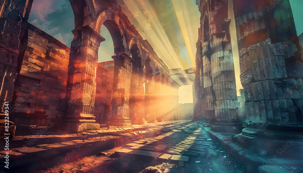 An ancient ruin stands in the middle of a desert. The sun shines ...