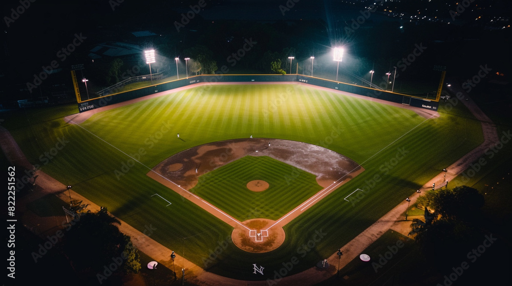 Overhead view of a baseball field at night, stadium lights creating a ...