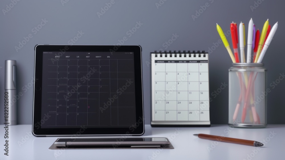A modern workspace featuring a tablet with a digital calendar ...