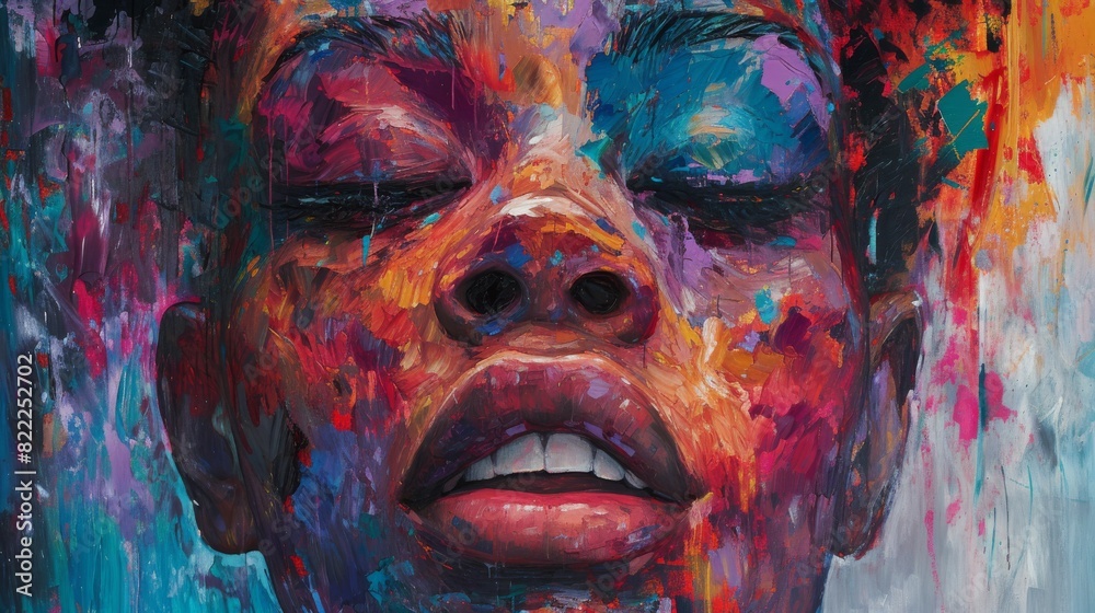 Abstract expressionist painting of a face with intense, dramatic colors ...