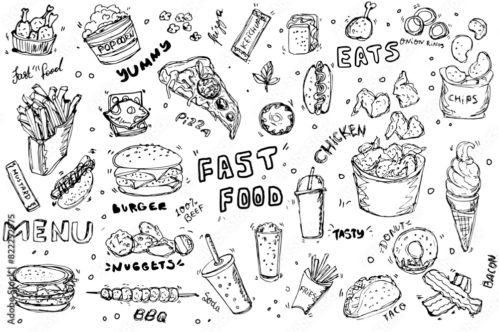Vetor do Stock: Fast Food set Doodle Line Art Illustration. Burger ...