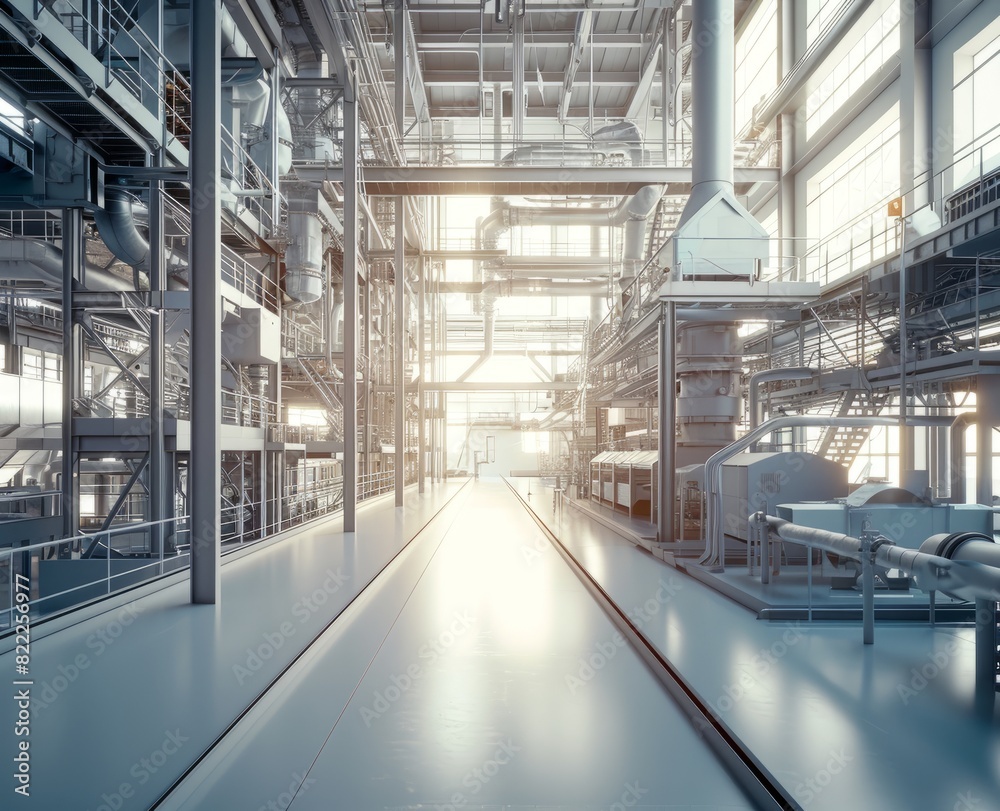 Industrial zone Interior of factory building Steel pipelines and cables ...