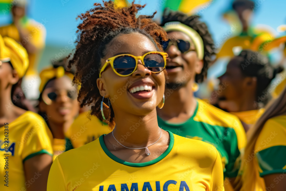 ภาพประกอบสต็อก Jamaican football soccer fans in a stadium supporting ...