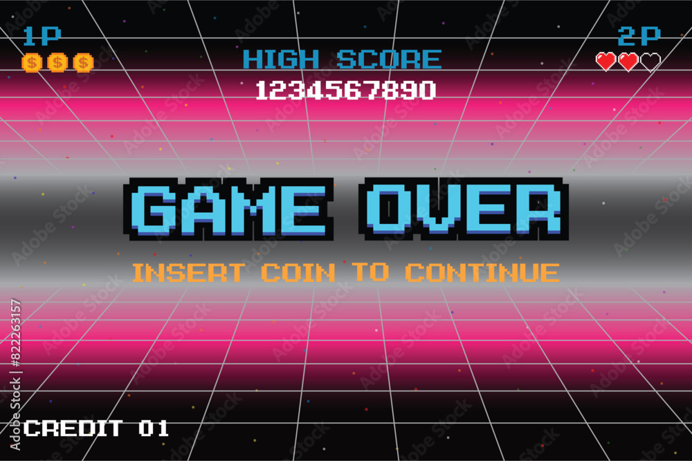 GAME OVER INSERT A COIN TO CONTINUE . Synthwave wireframe net ...