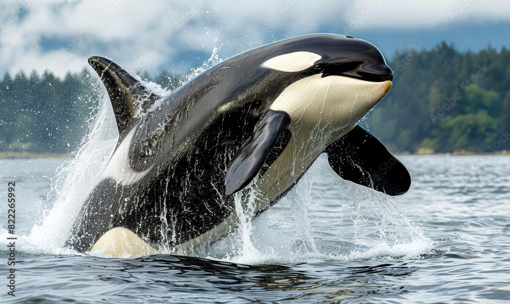 Bigg's orca whale leaping from sea near Vancouver Island during ...