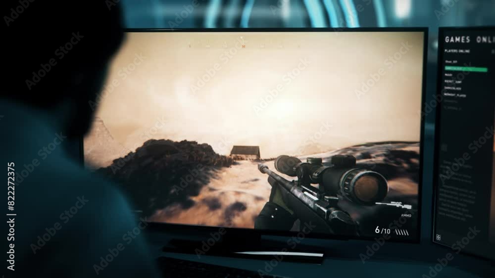 A Gamer is playing a modern first-person war shooter video game. A ...