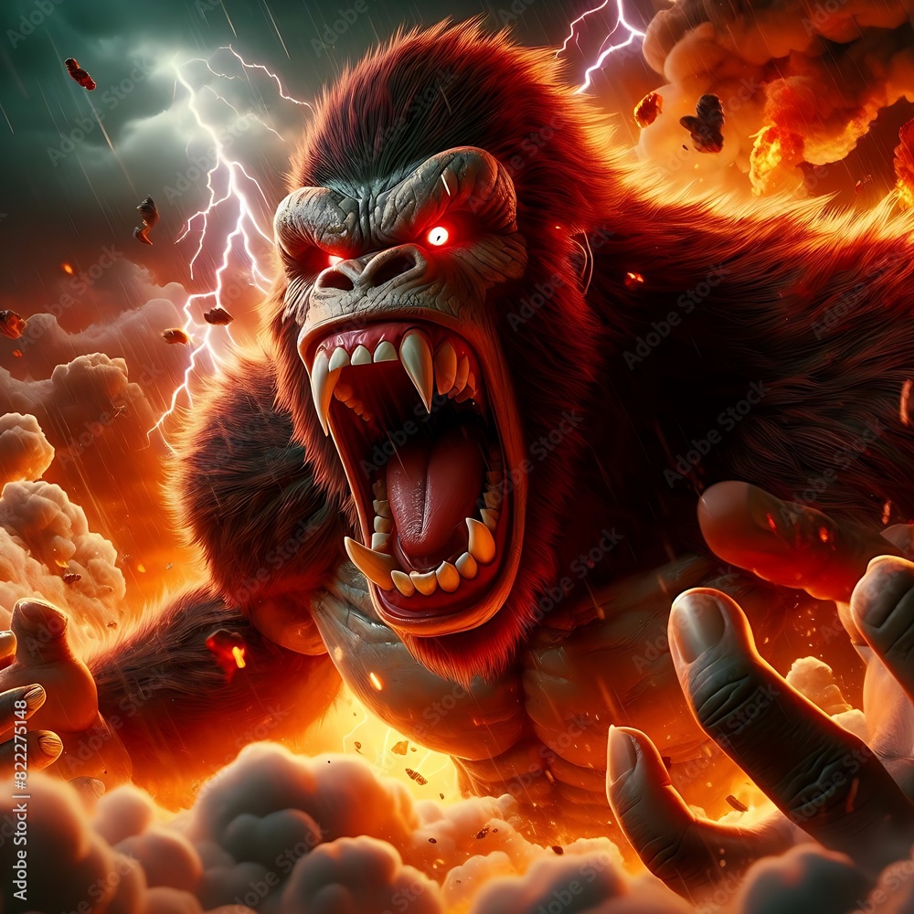 Angry giant gorilla with red eyes on fire burning background ...