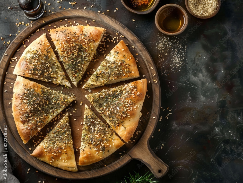 Top view of Lebanese manakish with zaatar, using the rule of thirds ...