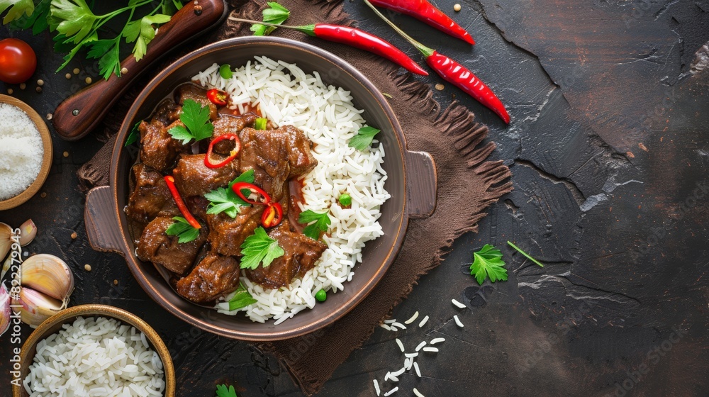 Top view of Malaysian rendang (spicy beef stew) with rice, using the ...