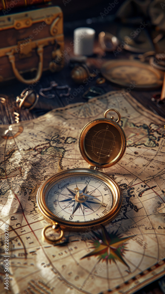 Vintage brass compass on an ancient map with a chest in the background ...