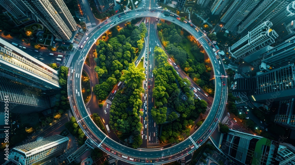 Aerial view of a circular city intersection surrounded by skyscrapers ...