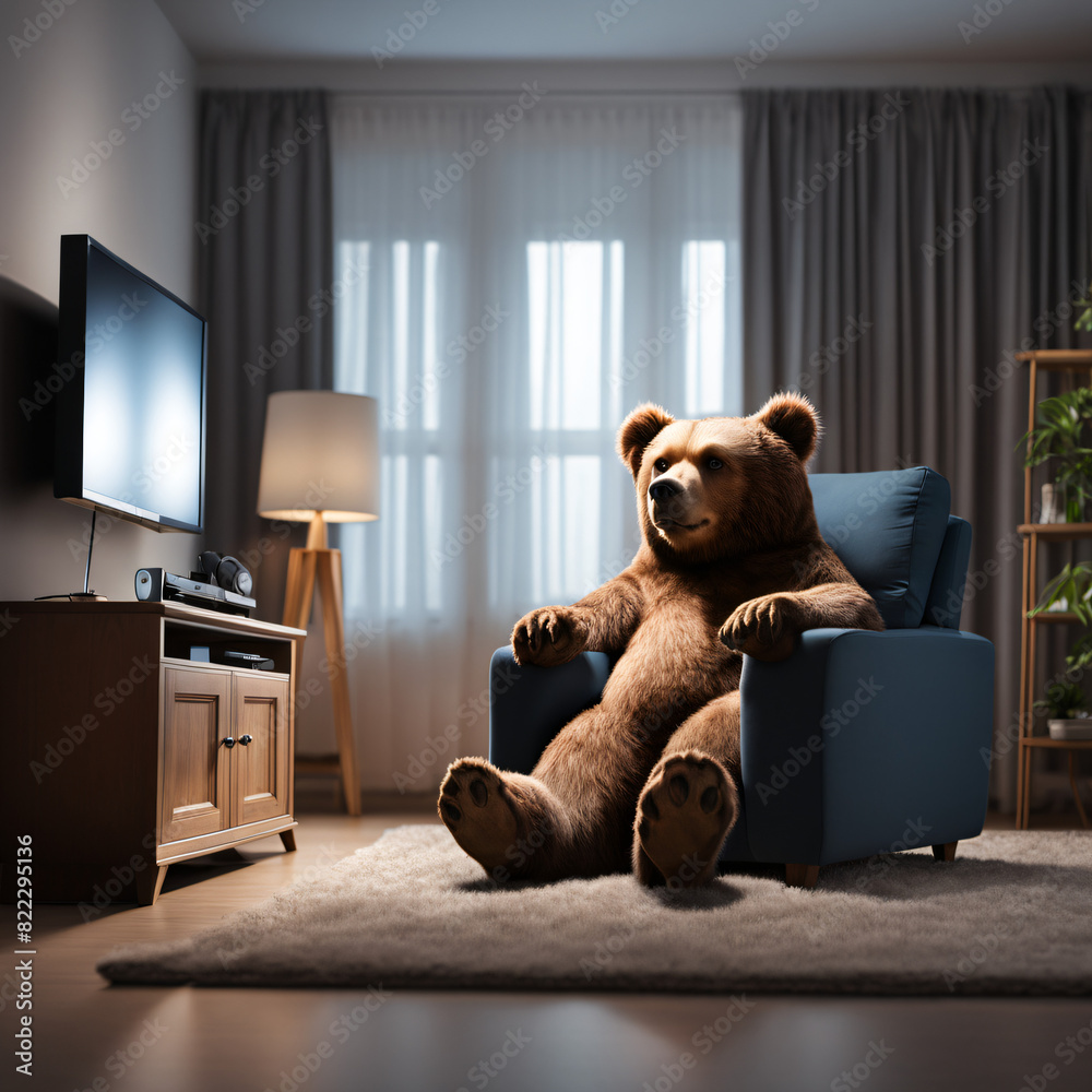 Un ours solitaire qui regarde la télévision assit dans son salon Stock ...