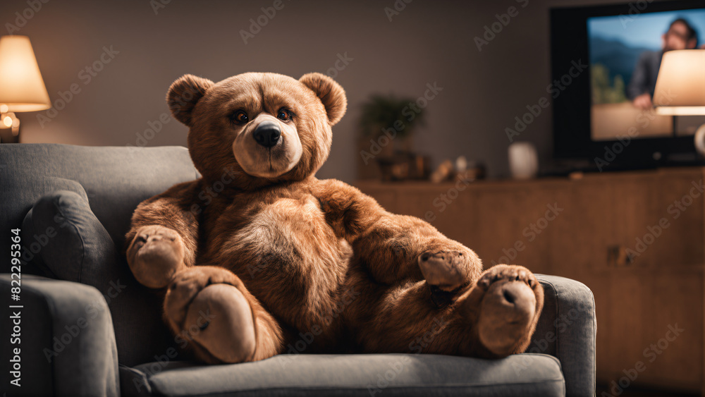 Un ours solitaire qui regarde la télévision assit dans son salon Stock ...