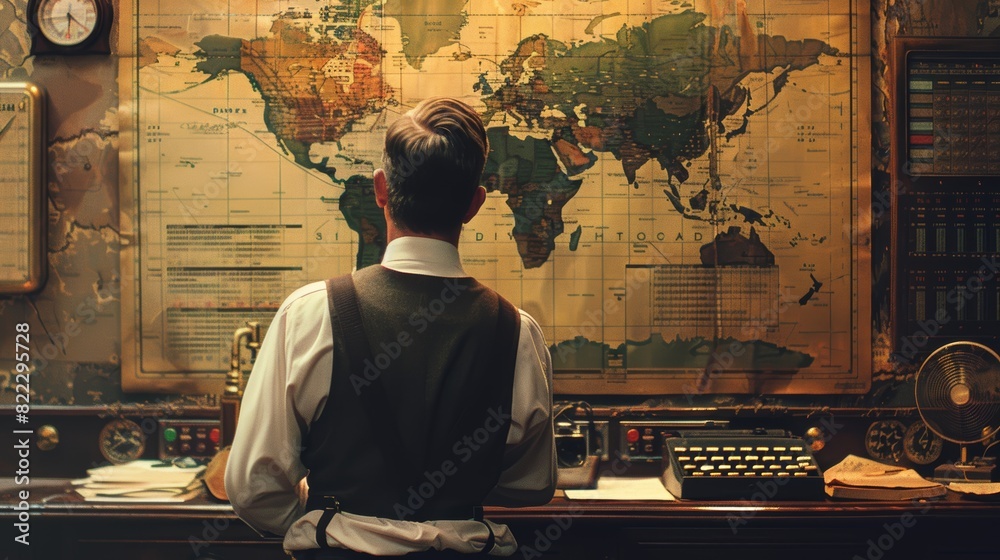 Vintage Styled 1950s Stock Broker in Office Adjusting Wall Map of ...