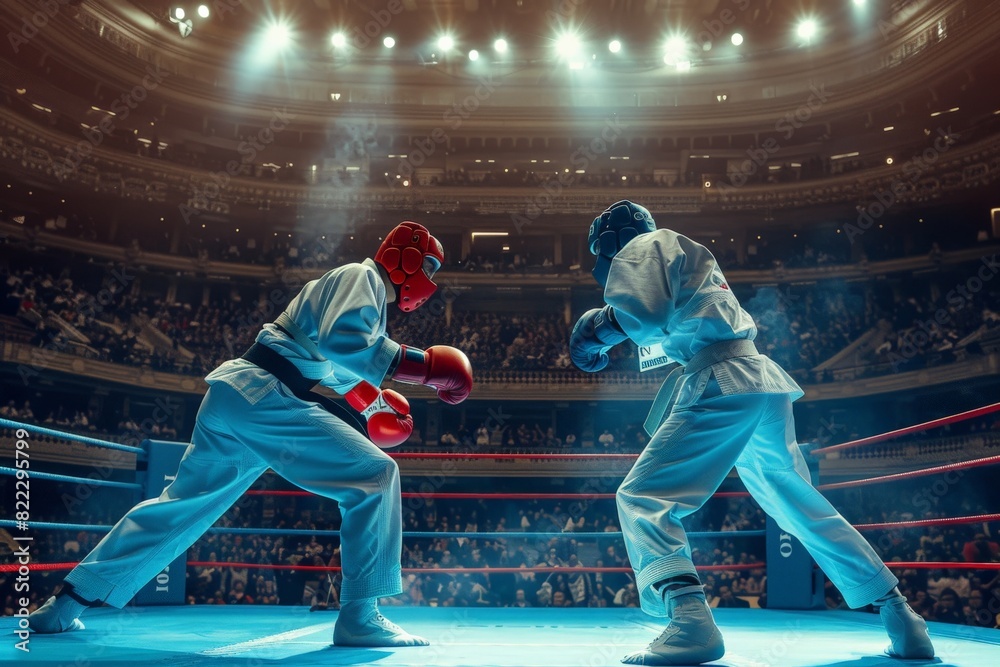 Two Olympic karate fighters in Paris Olympic Games stand in boxing ...