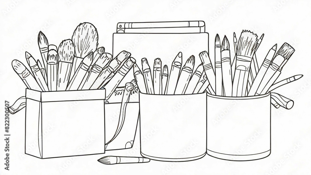 Set of simple line drawings featuring a range of artists' supplies ...