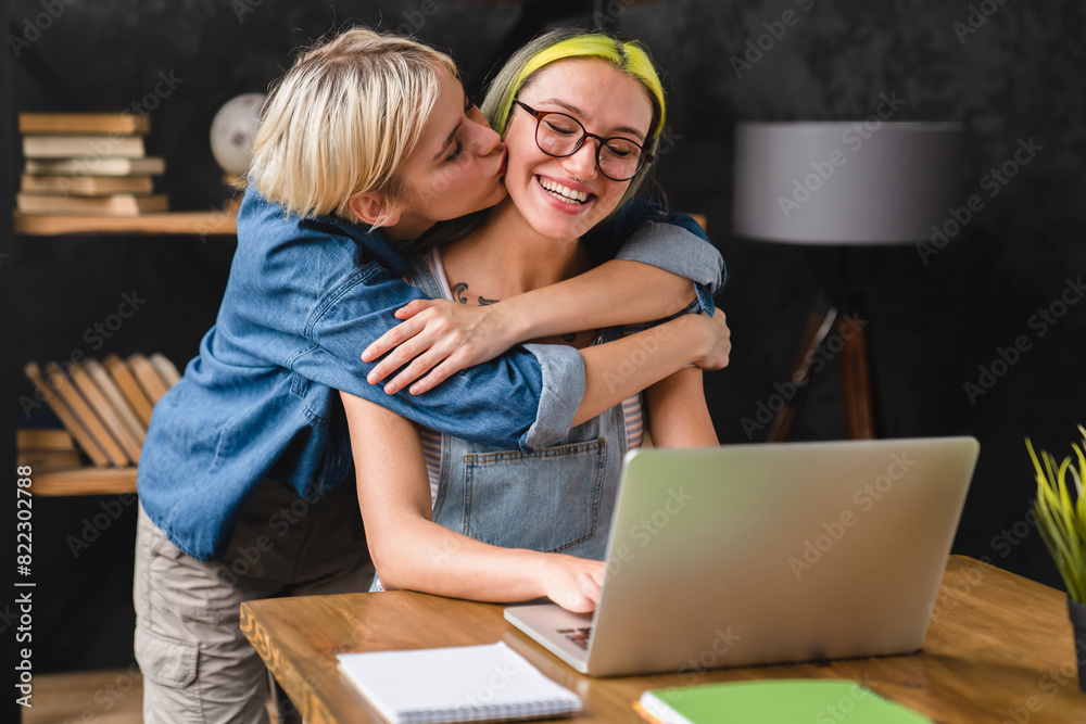 Homosexual couple girlfriends lgbtq lesbians sisters co-workers working ...