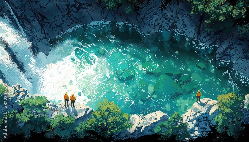 Waterfall with rock climbers flat design top view adventure sports ...