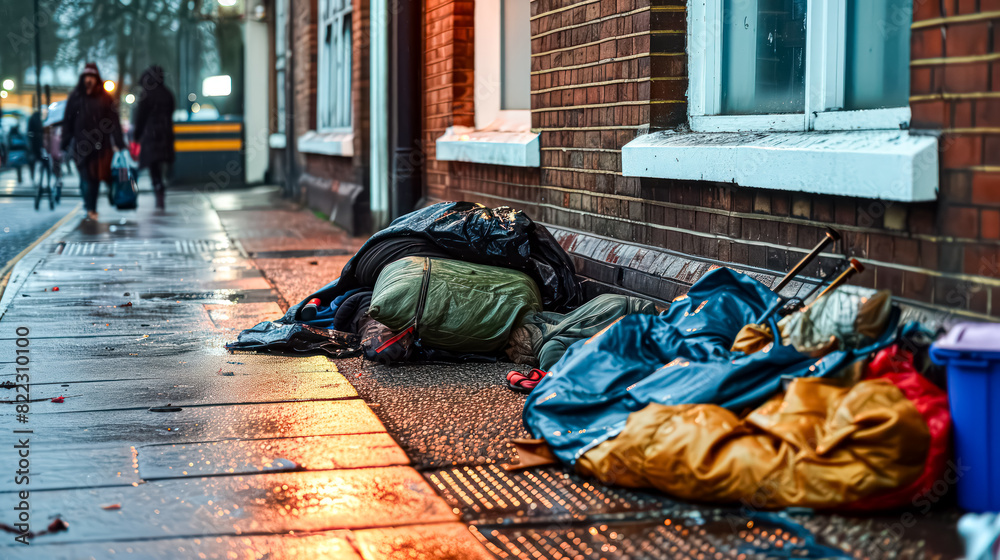 A photo of a homeless man sleeping on the street, depicting the harsh ...