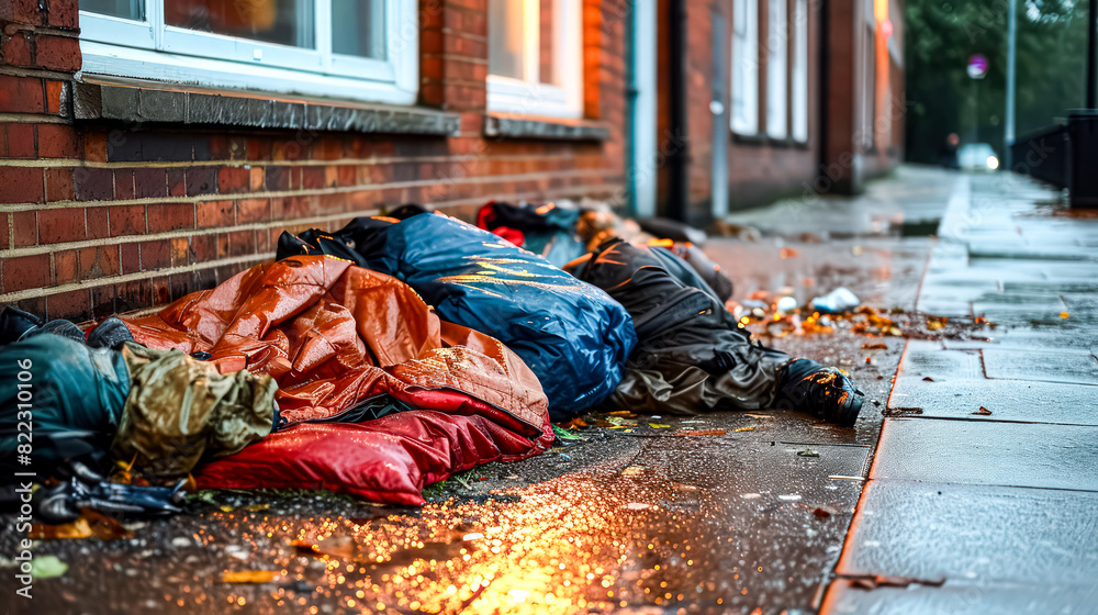 A photo of a homeless man sleeping on the street, depicting the harsh ...
