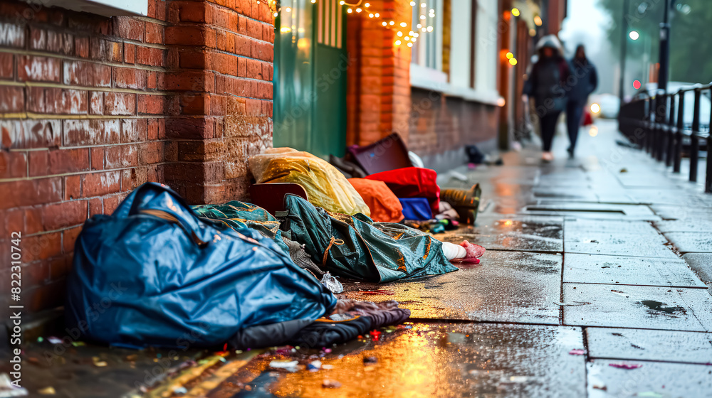 A photo of a homeless man sleeping on the street, depicting the harsh ...