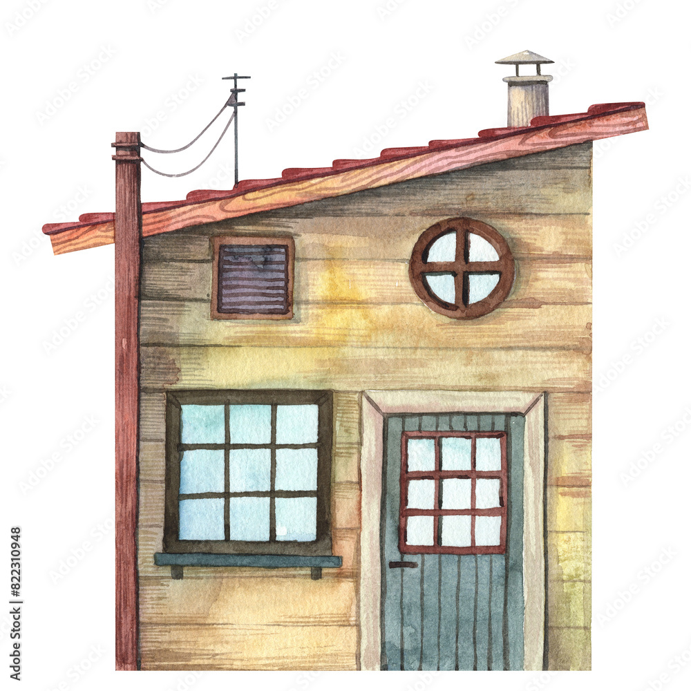 Tiny rustic beach house facade, watercolor painting. Hand drawn cute ...