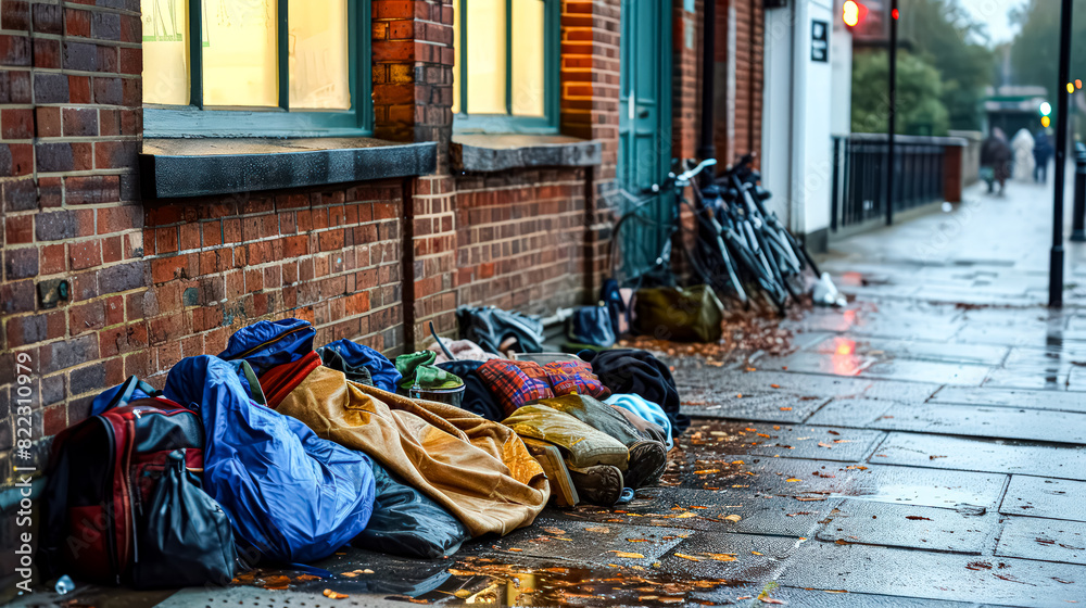Foto de A photo of a homeless man sleeping on the street, depicting the ...