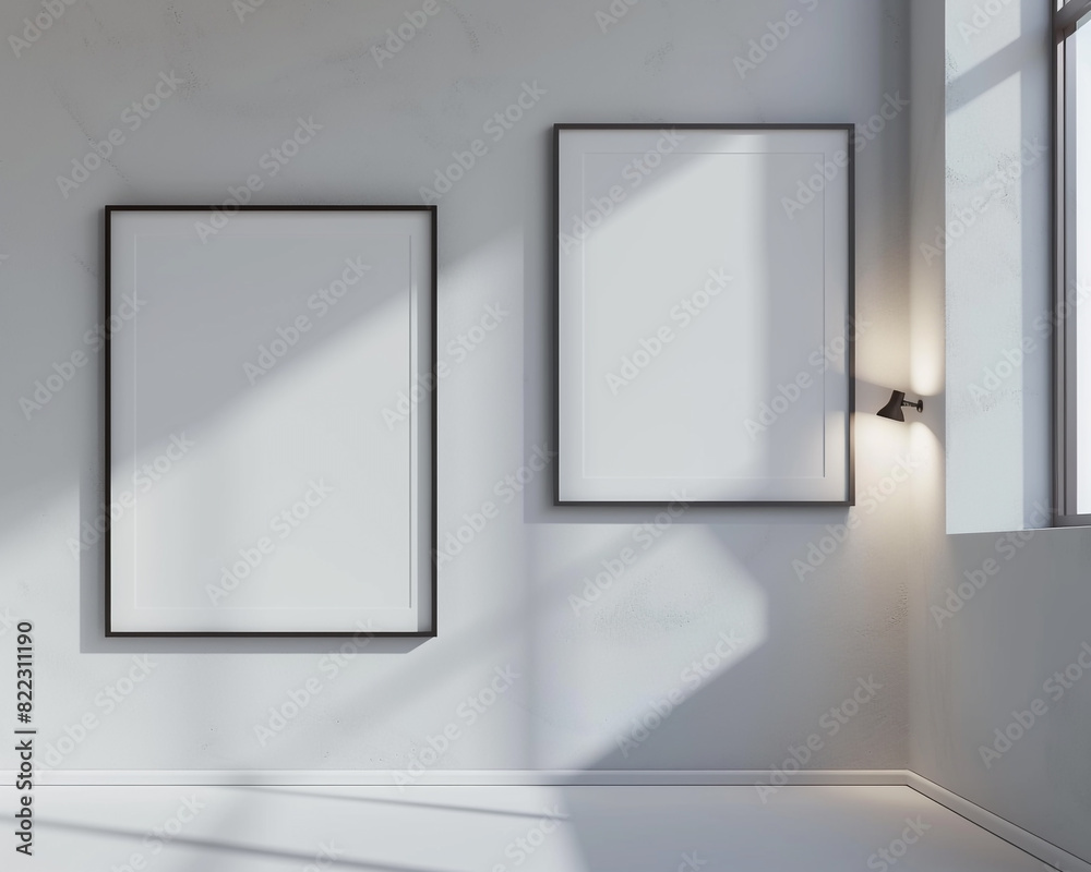 Inside a sleek modern architectural studio, two empty white frames with ...