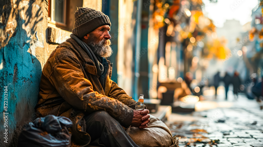 A portrait of a homeless man sitting on a wet street, highlighting the ...