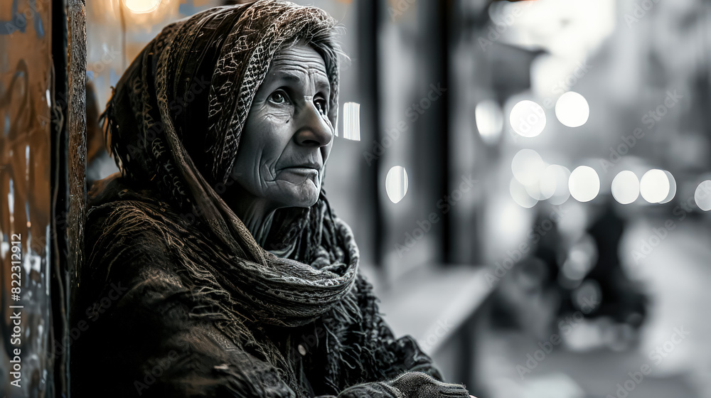 A portrait of an elderly homeless woman sitting on a wet street ...