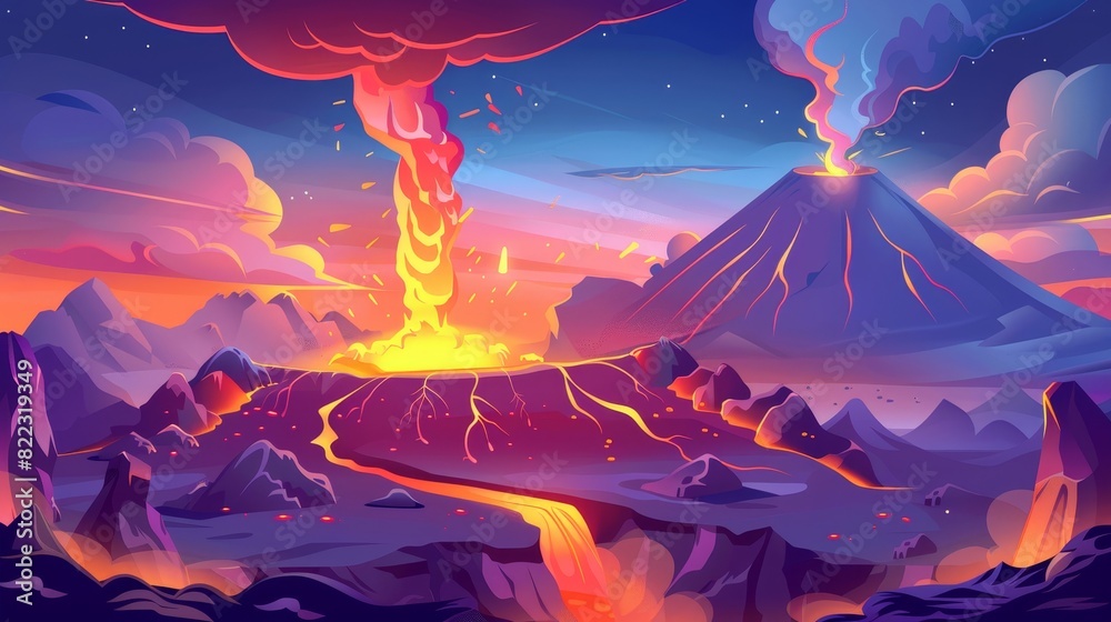 Illustration of prehistoric Earth surface with meteorite crater, fire ...