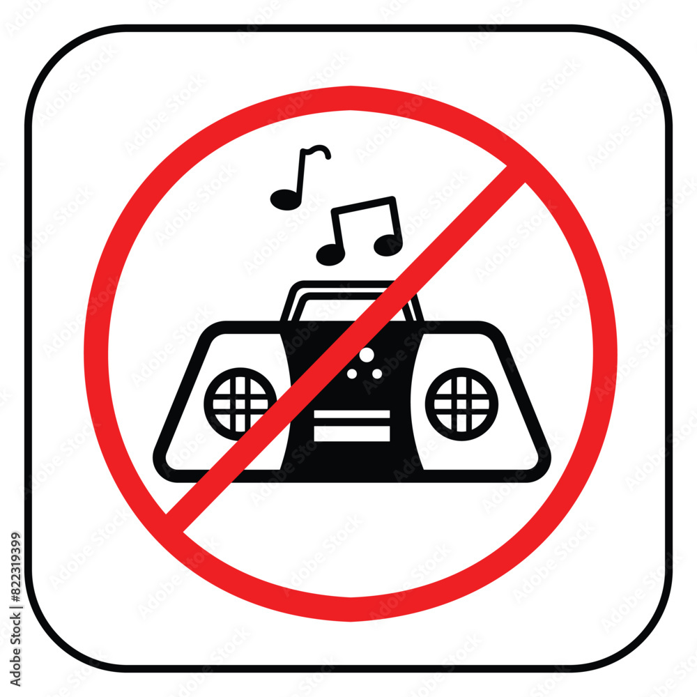 No music or radio audio sign icon illustration with red circle cross ...